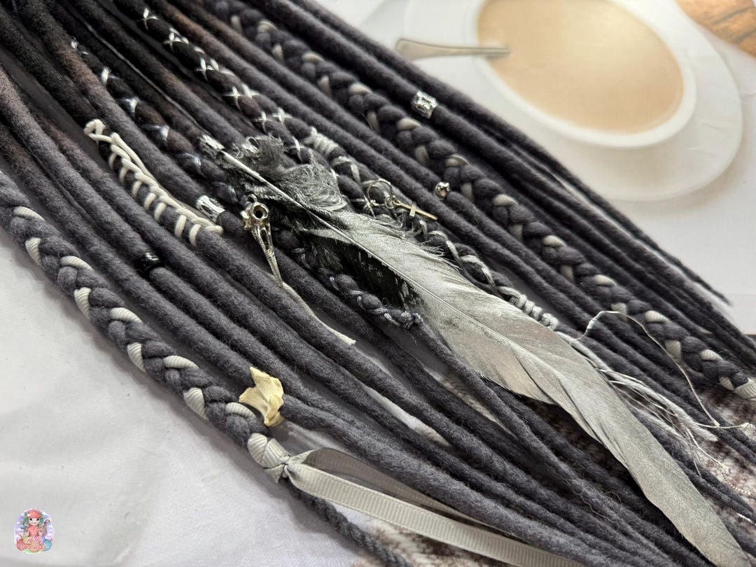 Wool Dreadlocks + Braids With Ribbons Ombre Black Dark Gray Full Soft ...