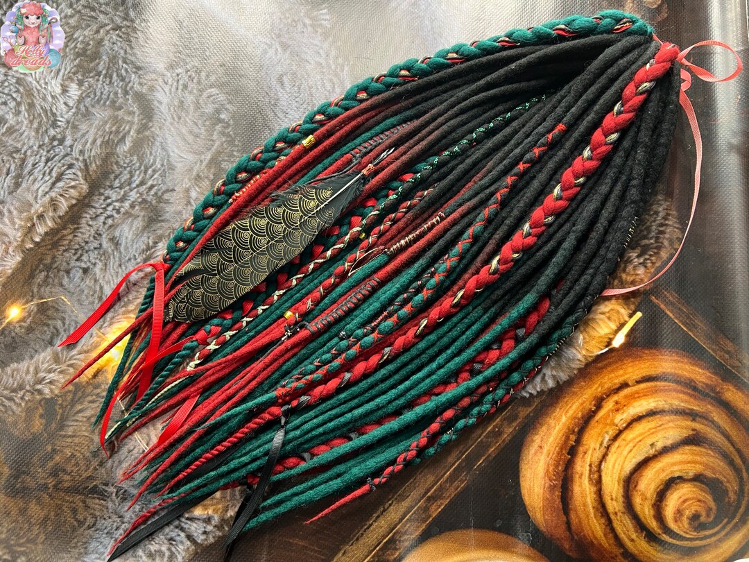 Wool Dreadlocks + Braids Ombre Black on Red Dark Emerald Green Bandage ...