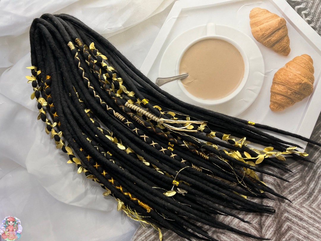 Dreadlocks Wool Black Gold Threads, Beige, Vanilla Blond, Fabric Leaves ...