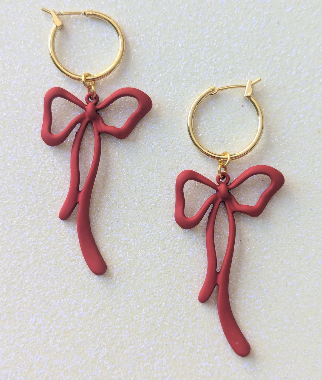 Cottage Core Vintage Style Matt Red Bow Gold Charm Hoop Earrings - Etsy