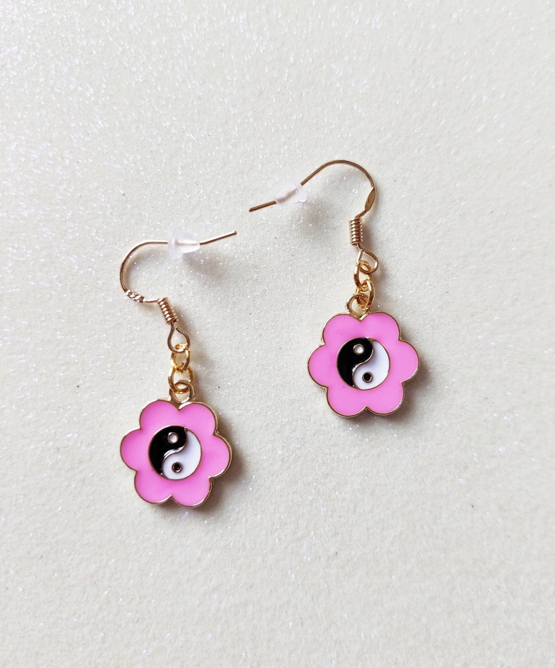 Dainty Yin Yang Pink Flower Y2K Gold Charm Earrings - Etsy