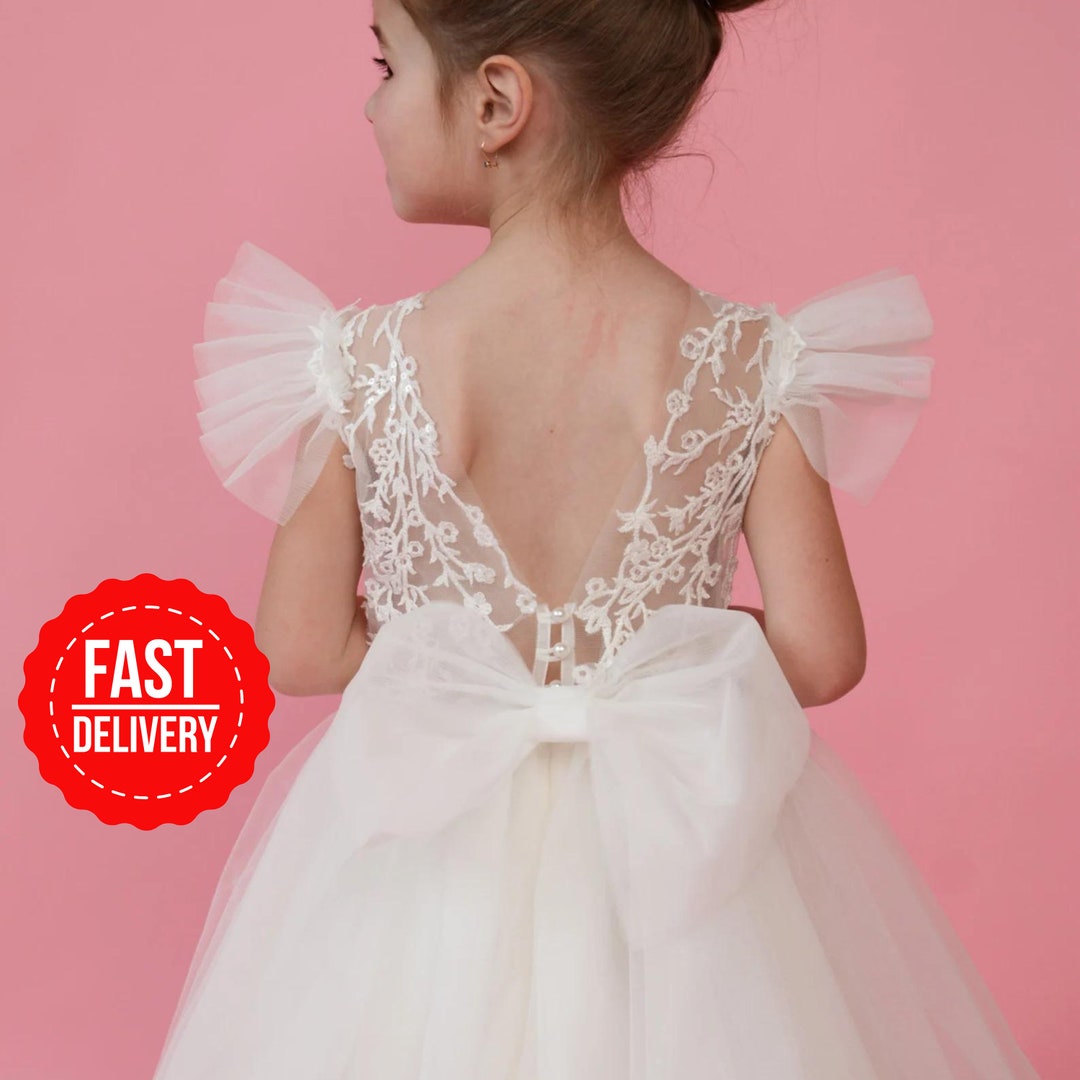 Ivory Flower Girl Dress Tutu Girl Dress Flower Girl Dress Train Girl