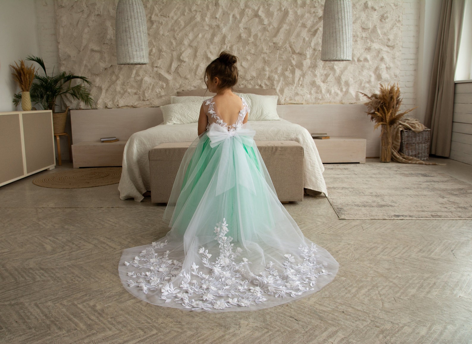 Green Flower Girl Dress With Train Girl Ball Gown Ivory - Etsy