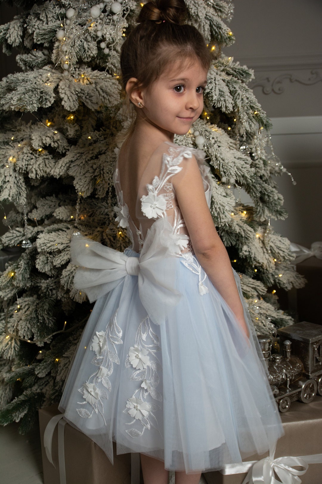 Light Blue Flower Girl Dress, Girl Ball Gown, Short Light Blue Flower ...