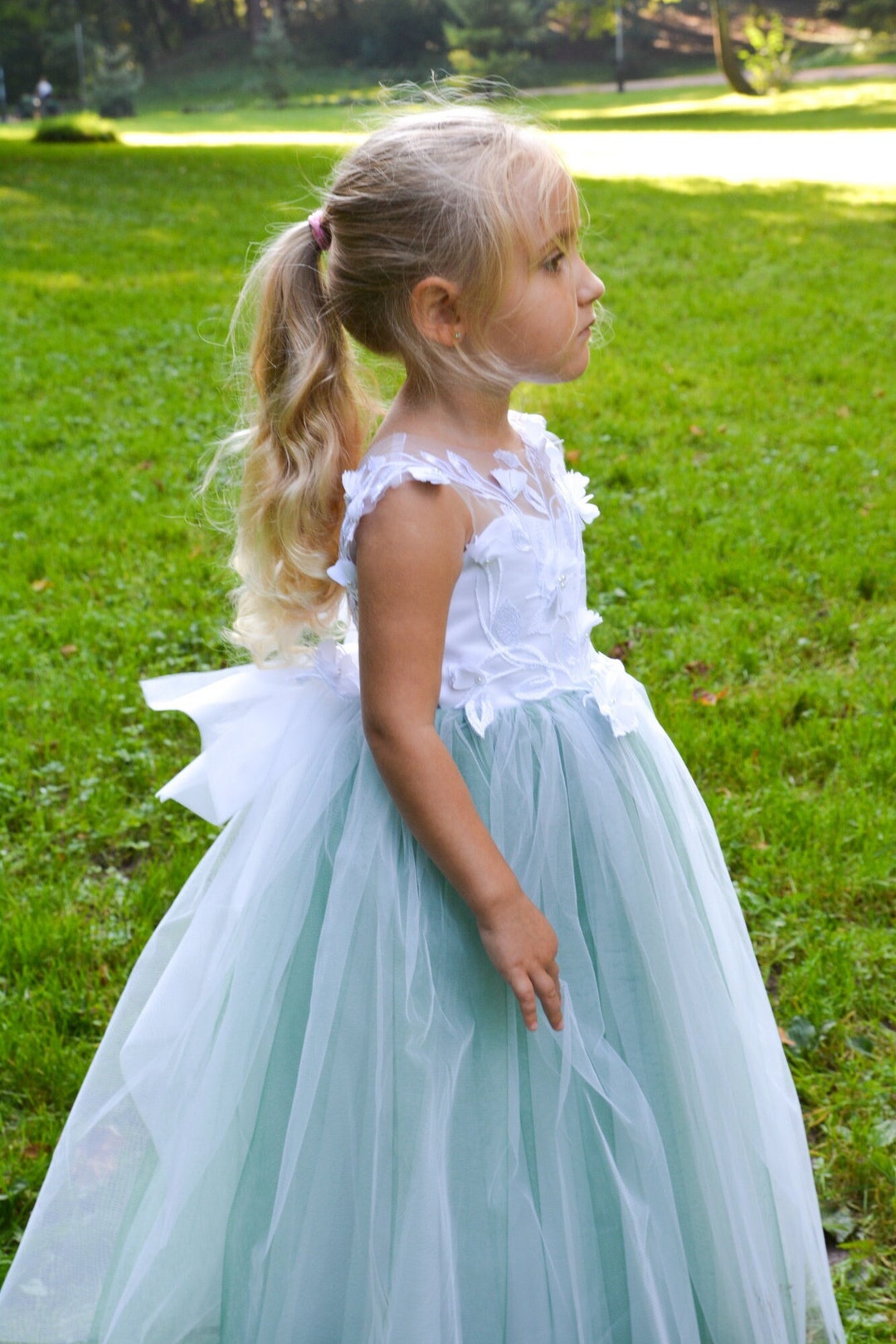 Sage Flower Girl Dress With Train, Green Birthday Green Dress, Flower ...