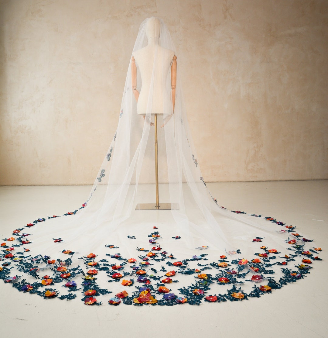 Sunset Colorful Veil, Colorful Flowers Wedding Veil, Custom 3D Colorful ...