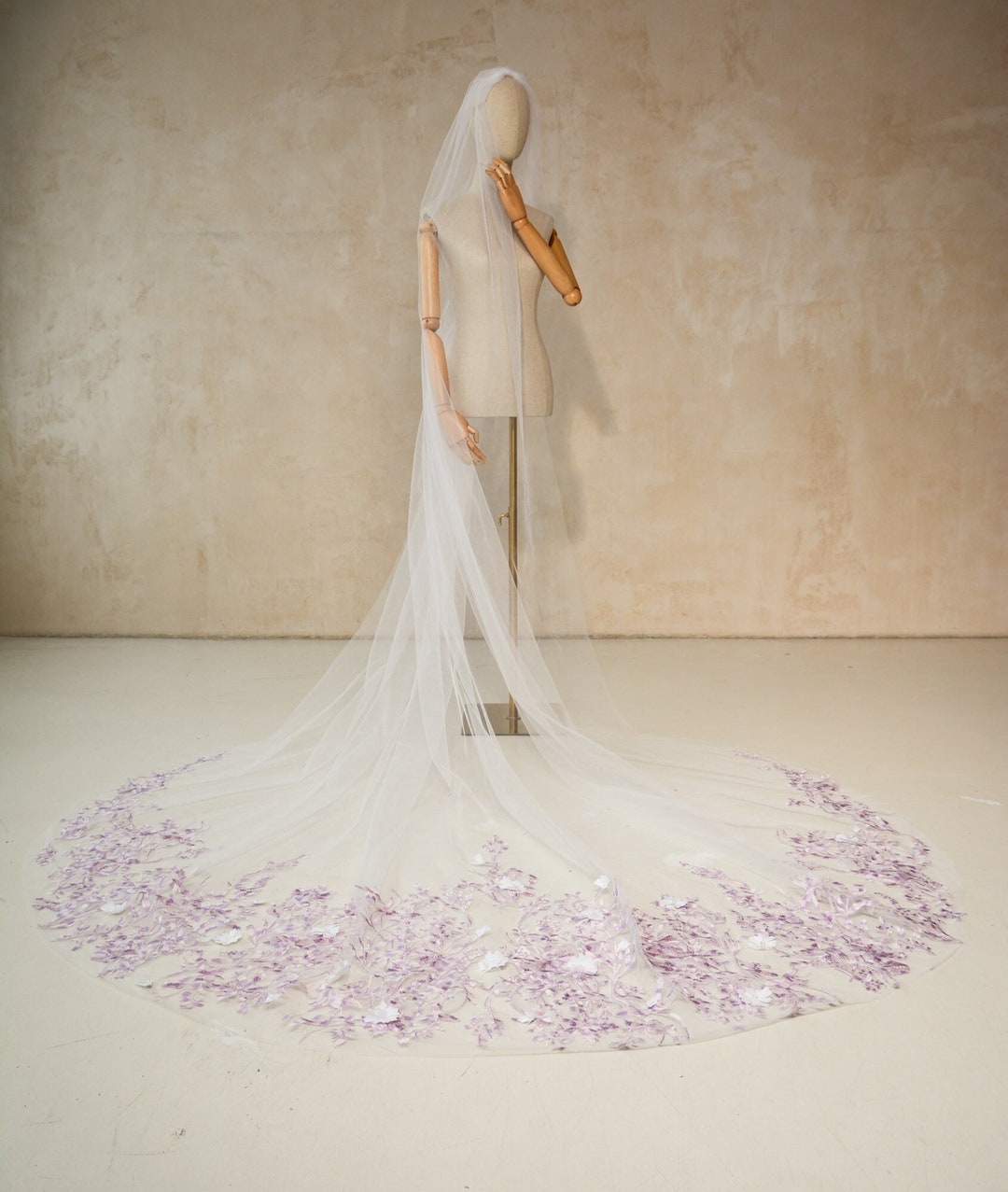 Lace Bridal Veil, Purple Tulle Wedding Veil, Purple Lace With Flowers ...