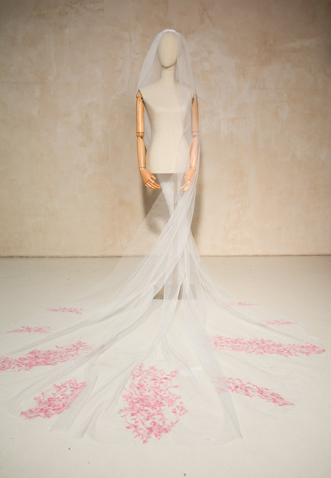 Pink Lace Veil With Flowers, Single Layer Pink Wedding Veil, Lace ...