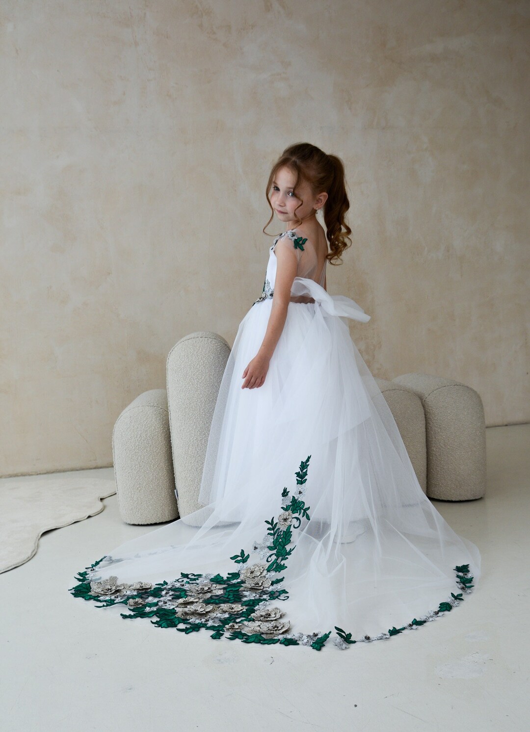 Green Lce Girl Dress, Flower Girl Dress With Train, Green Flower Girl ...