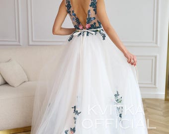Colored Wedding Dress With Detachable Sleeves, A Line Colored Wedding Dress With Detachable Sleeves, A Line