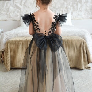 Black Flower Girl Dress Train Girl Ball Gown Ivory Flower Girl Dress