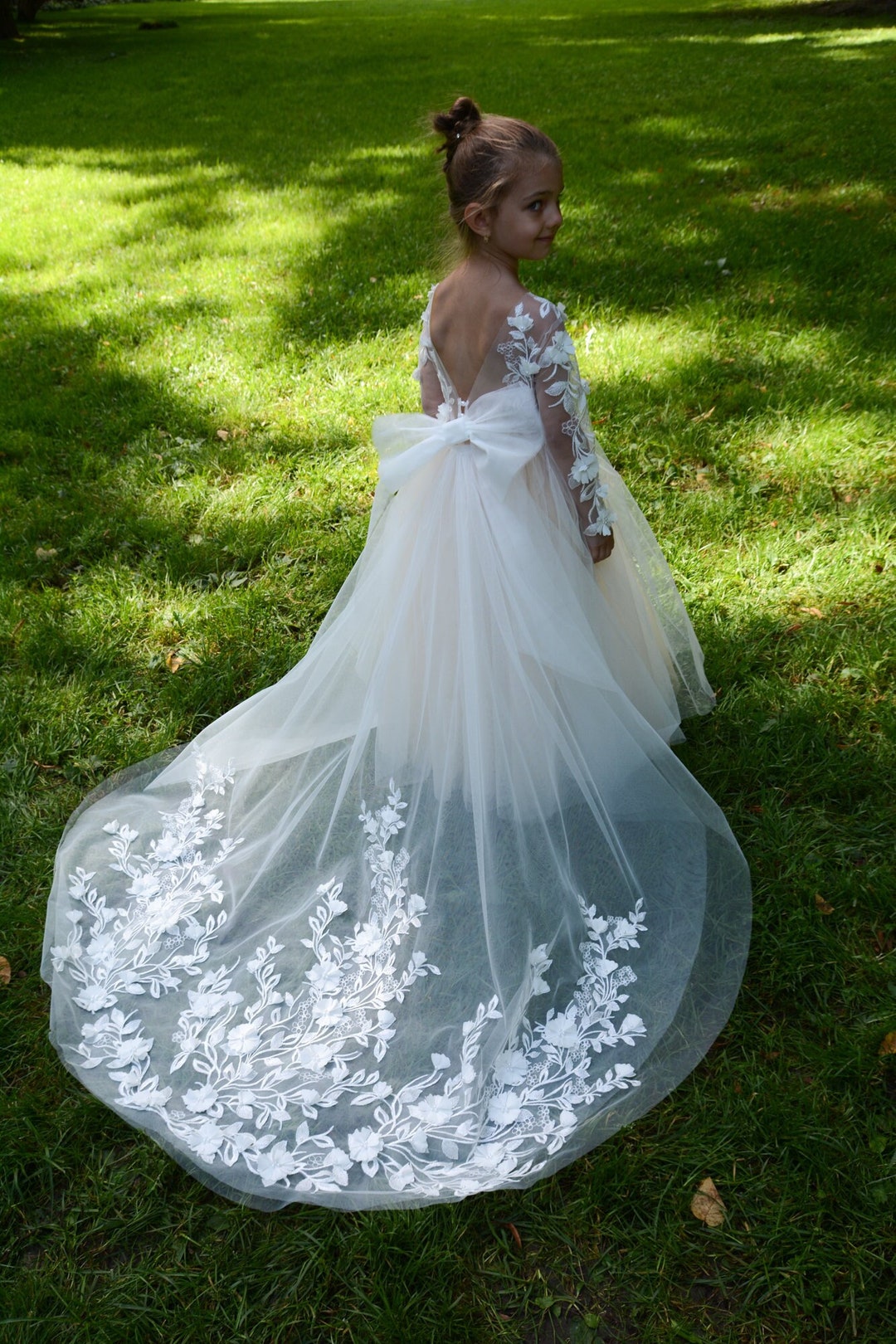 Nude Flower Girl Dress Girl Dress With Long Lace Sleeves Etsy