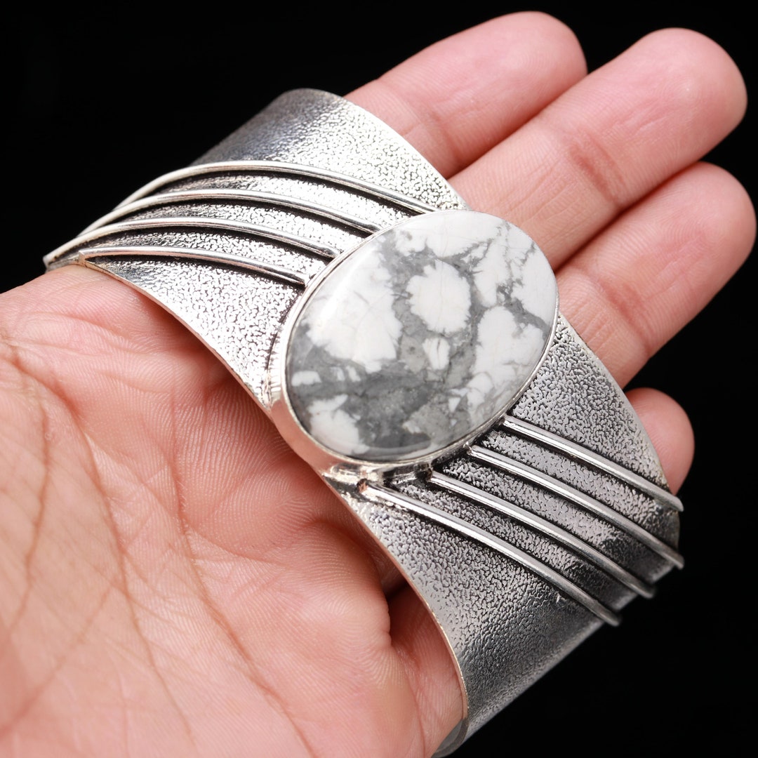 Natural Howlite Stone Bangles Cuff Brass Silver Plated Oval Howlite ...
