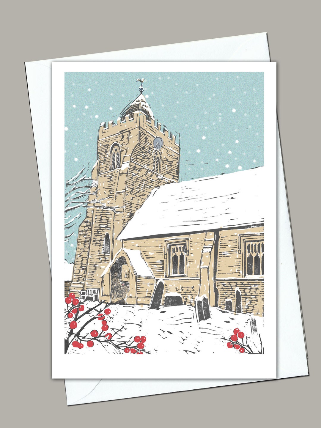 Wintery Snow Scene of St Mary's Church - Print of an Original Linocut ...