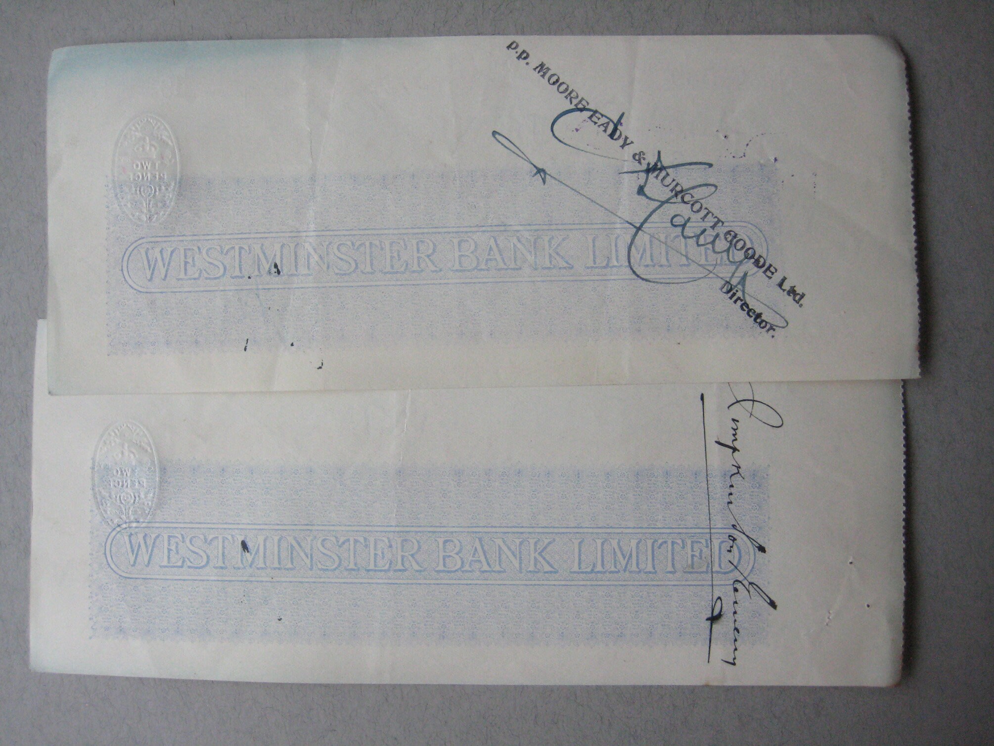 Old Handwritten Bank Cheques 1920's Westminster Bank Hinckley Crossed ...