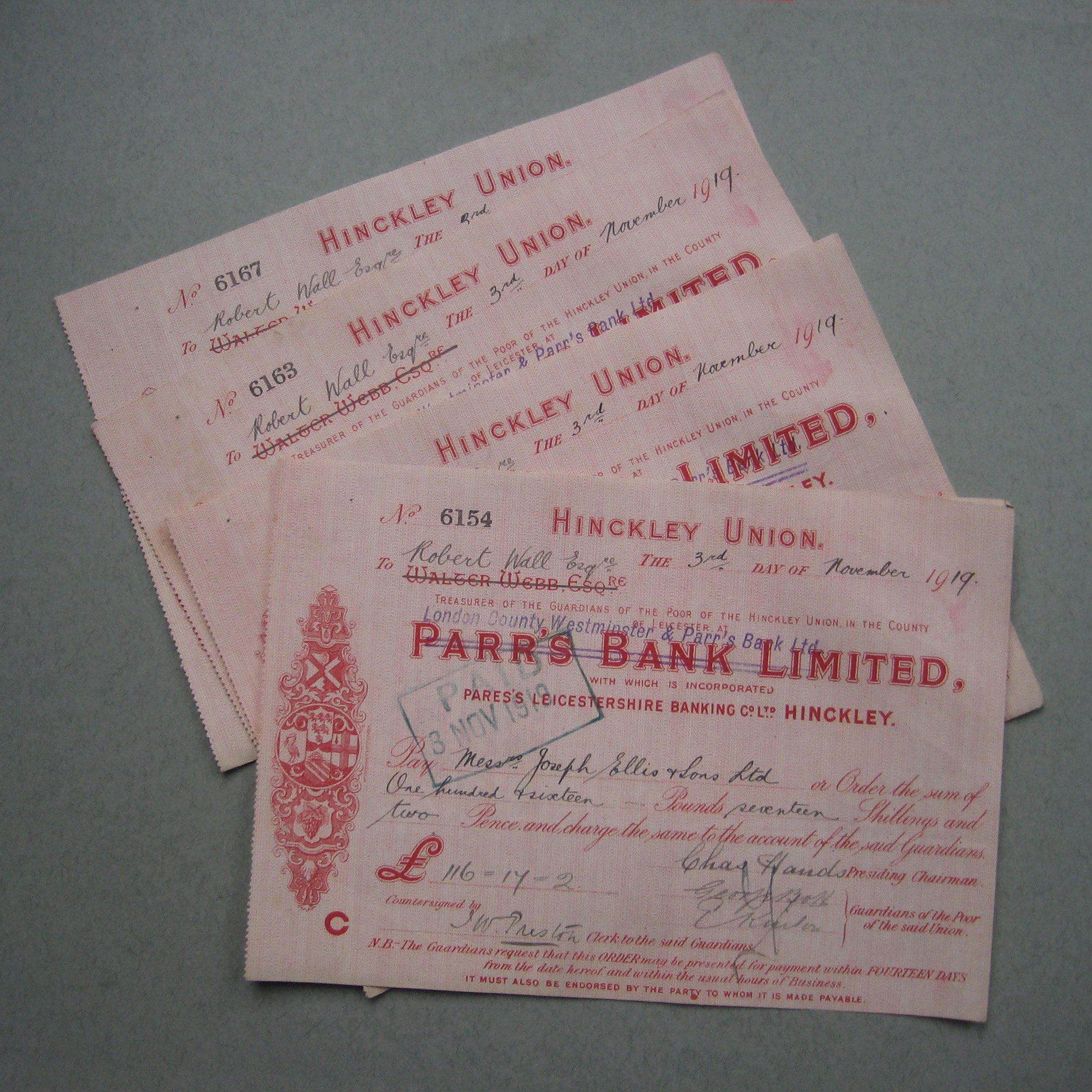 Old Handwritten Bank Cheques, 1910's Parr's Bank, Hinckley Hinckley ...