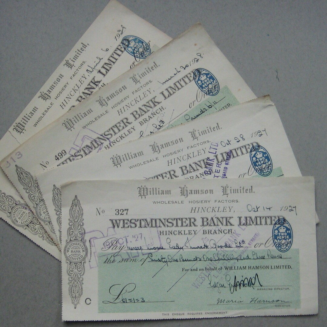 1920's Handwritten Bank Cheques Westminster Bank Hinckley Banking ...