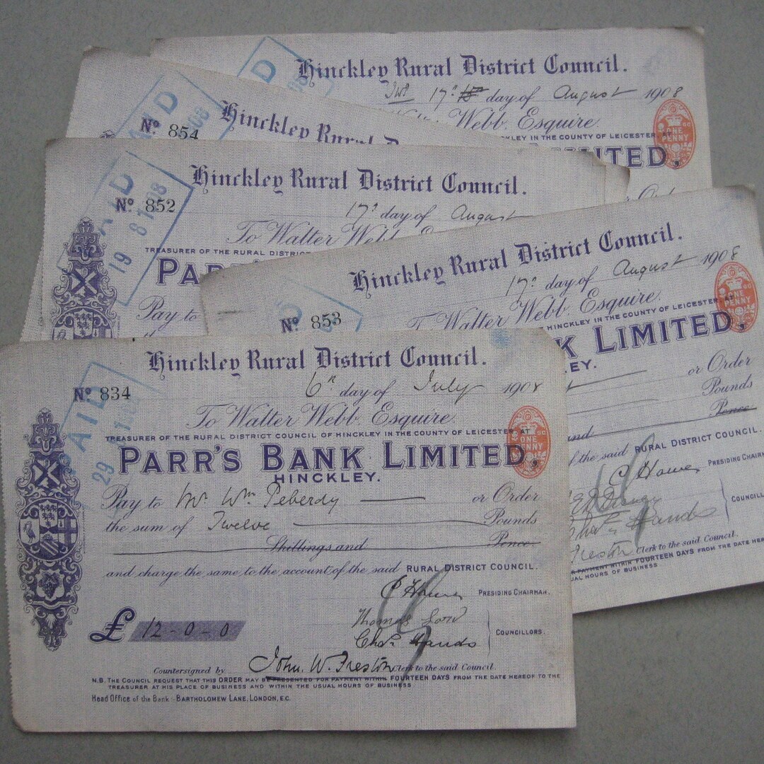 1900's Handwritten Bank Cheques Parr's Bank, Hinckley Old Bank Cheques ...