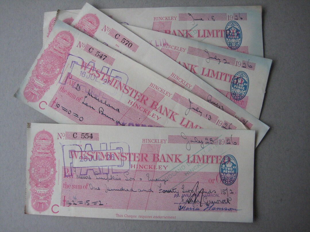 Old Handwritten Bank Cheques 1920's Westminster Bank Hinckley Crossed ...