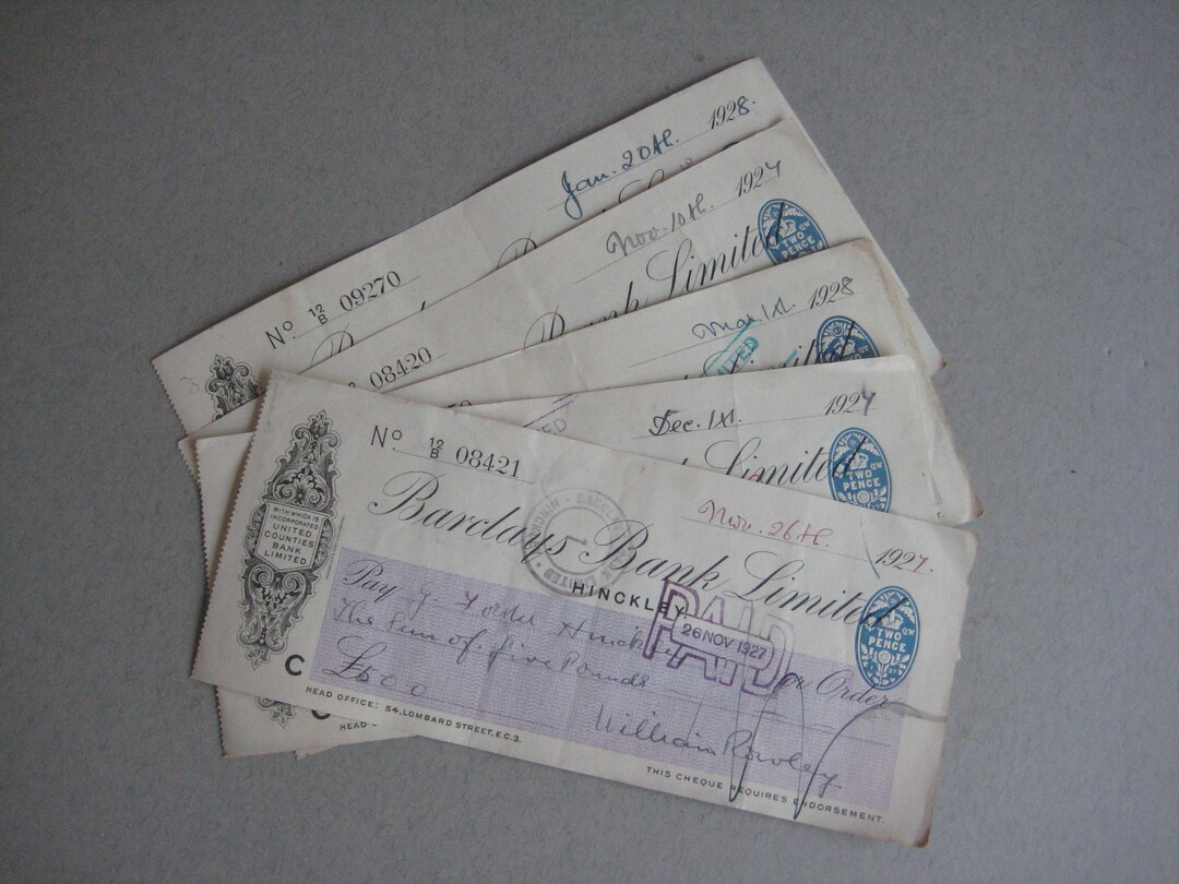 1920's Handwritten Bank Cheques Barclays Bank, Hinckley 1920's Ephemera ...