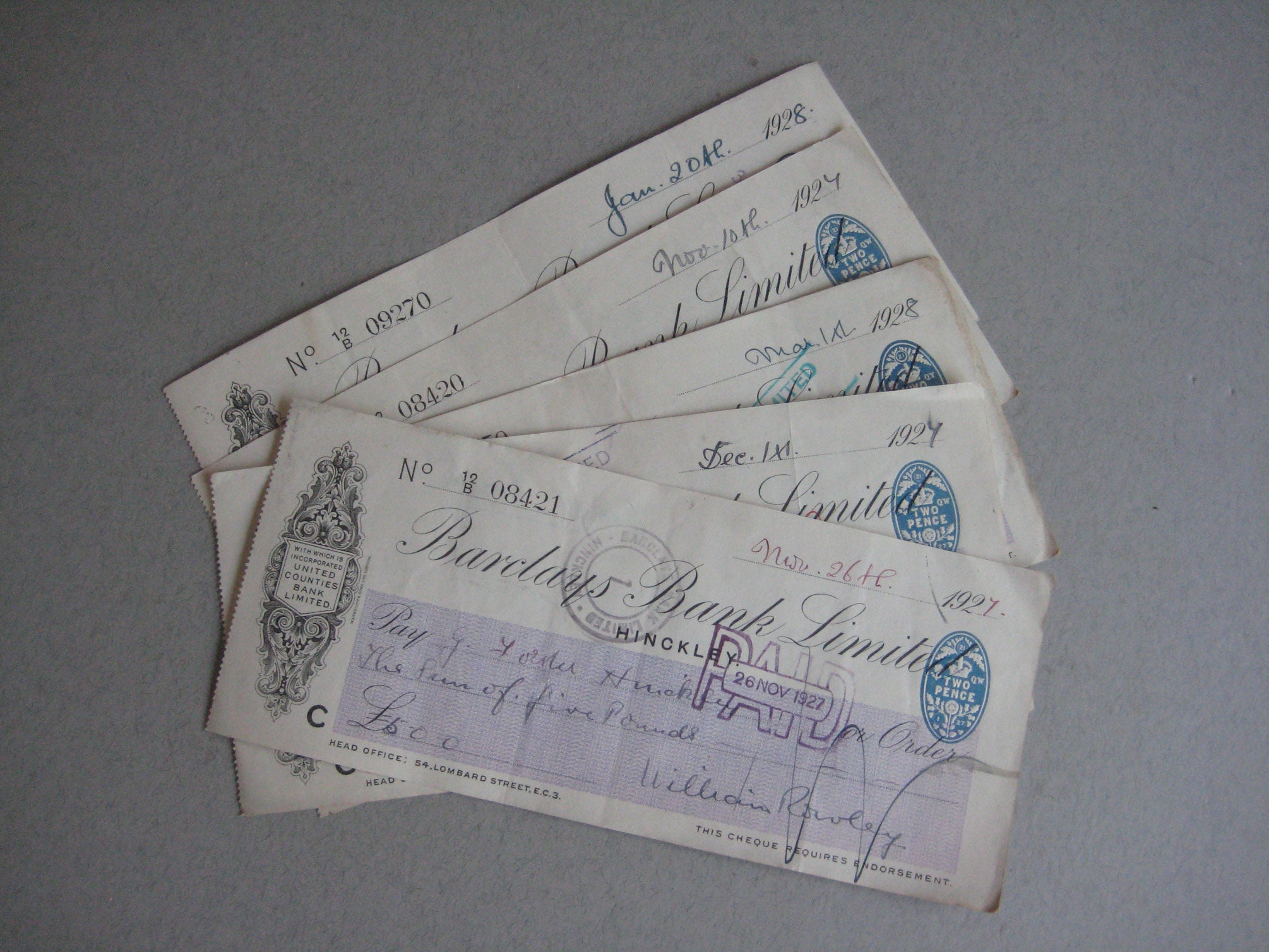 1920's Handwritten Bank Cheques Barclays Bank, Hinckley 1920's Ephemera ...