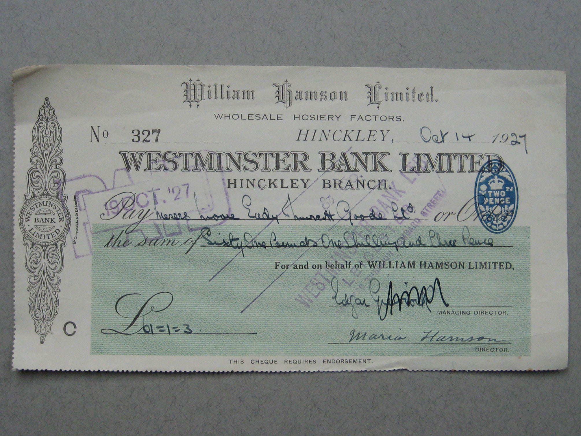 1920's Handwritten Bank Cheques Westminster Bank Hinckley Banking ...