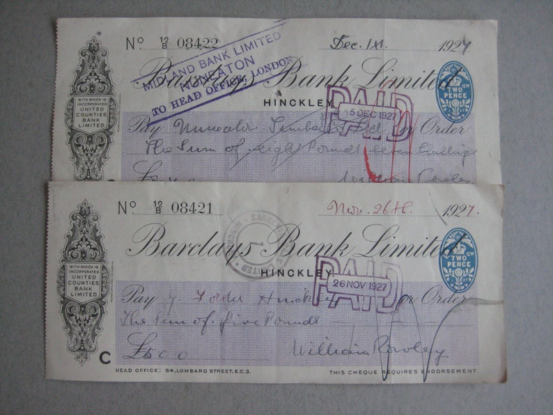 1920's Handwritten Bank Cheques Barclays Bank, Hinckley 1920's Ephemera ...