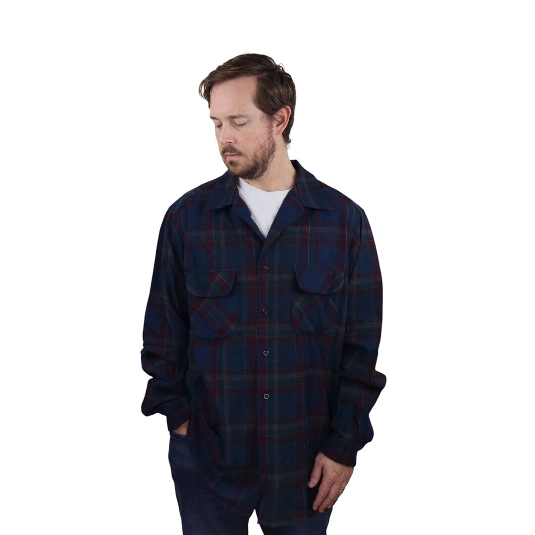 Vintage 70s Pendleton Ombre Shadow Plaid Virgin Wool Loop Collar Board Jac Shirt Mens 2X 2XL ...