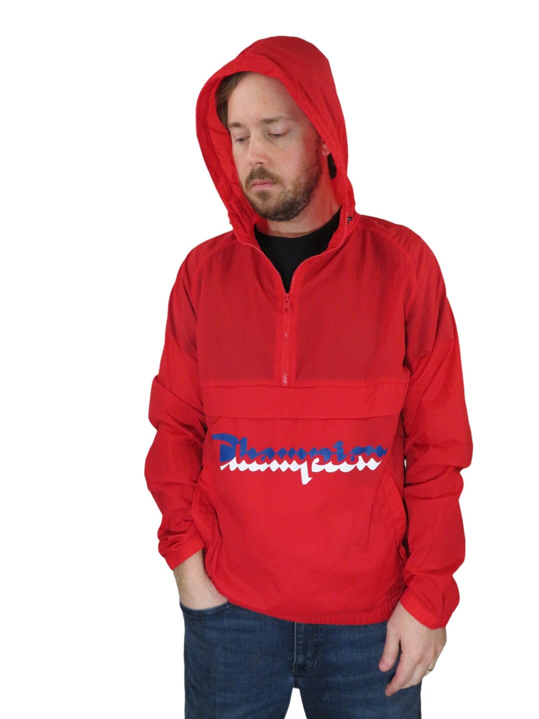 Vintage Champion Retro Red Anorak Hooded Windbreaker Track Jacket Mens ...