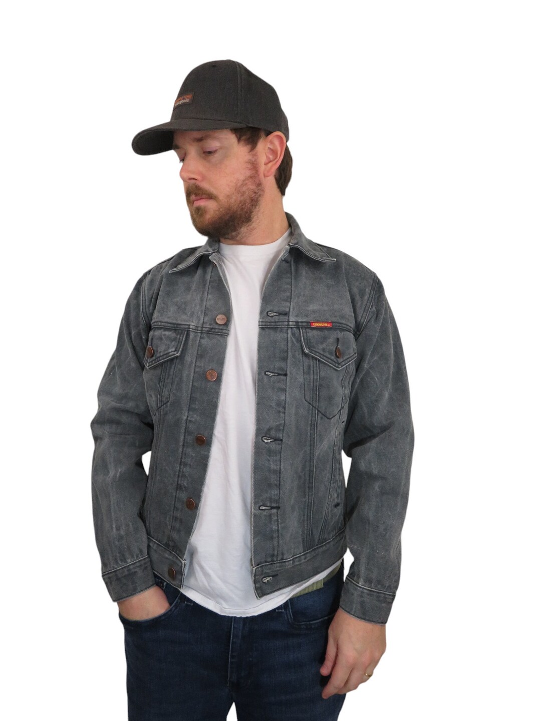 Vintage 70s 80s Corniche Distressed Faded Black Denim Jean Jacket Mens Small Trucker Coat ...