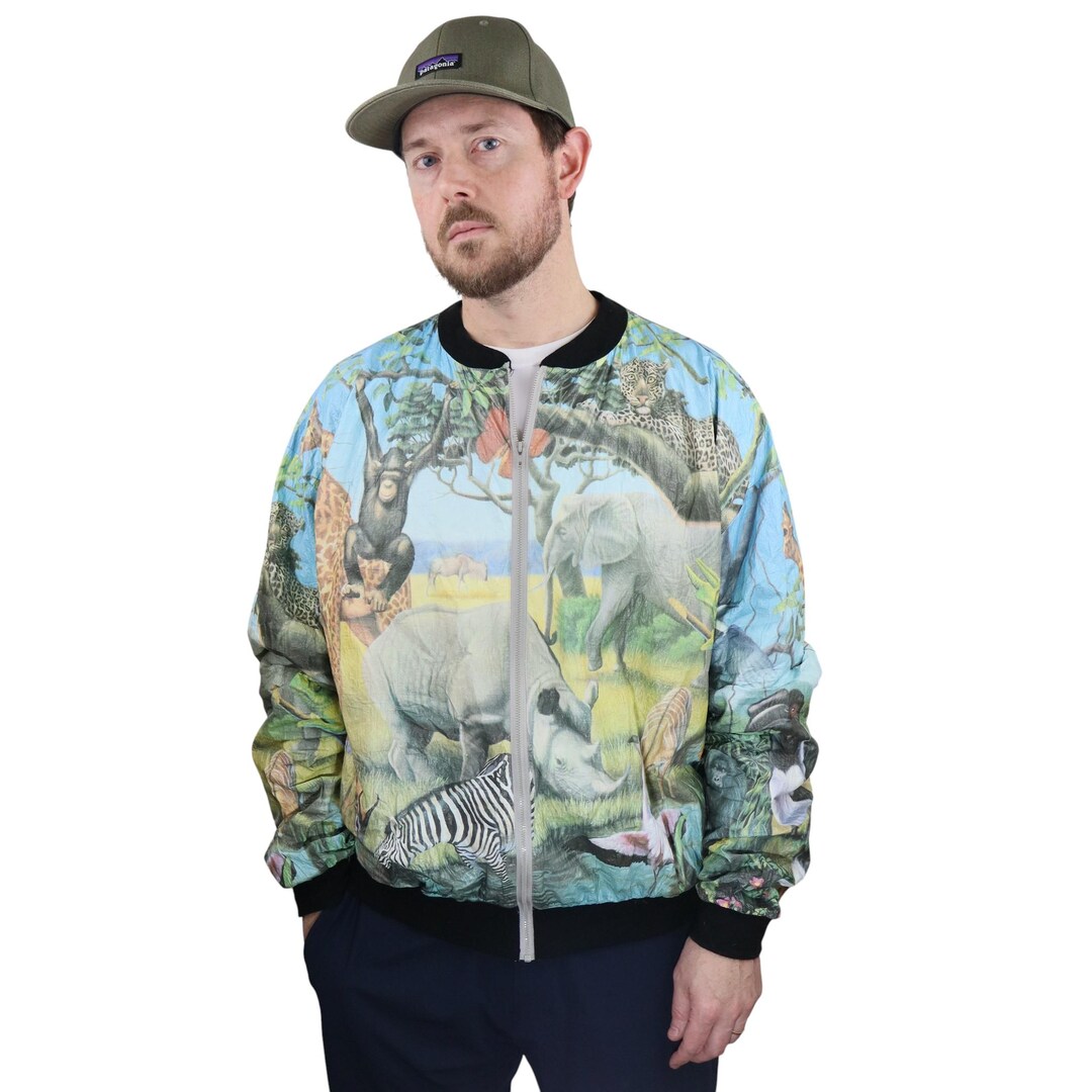 Vintage Peacock Tyvek Safari Jacket Mens XL USA Animal Print Bomber ...