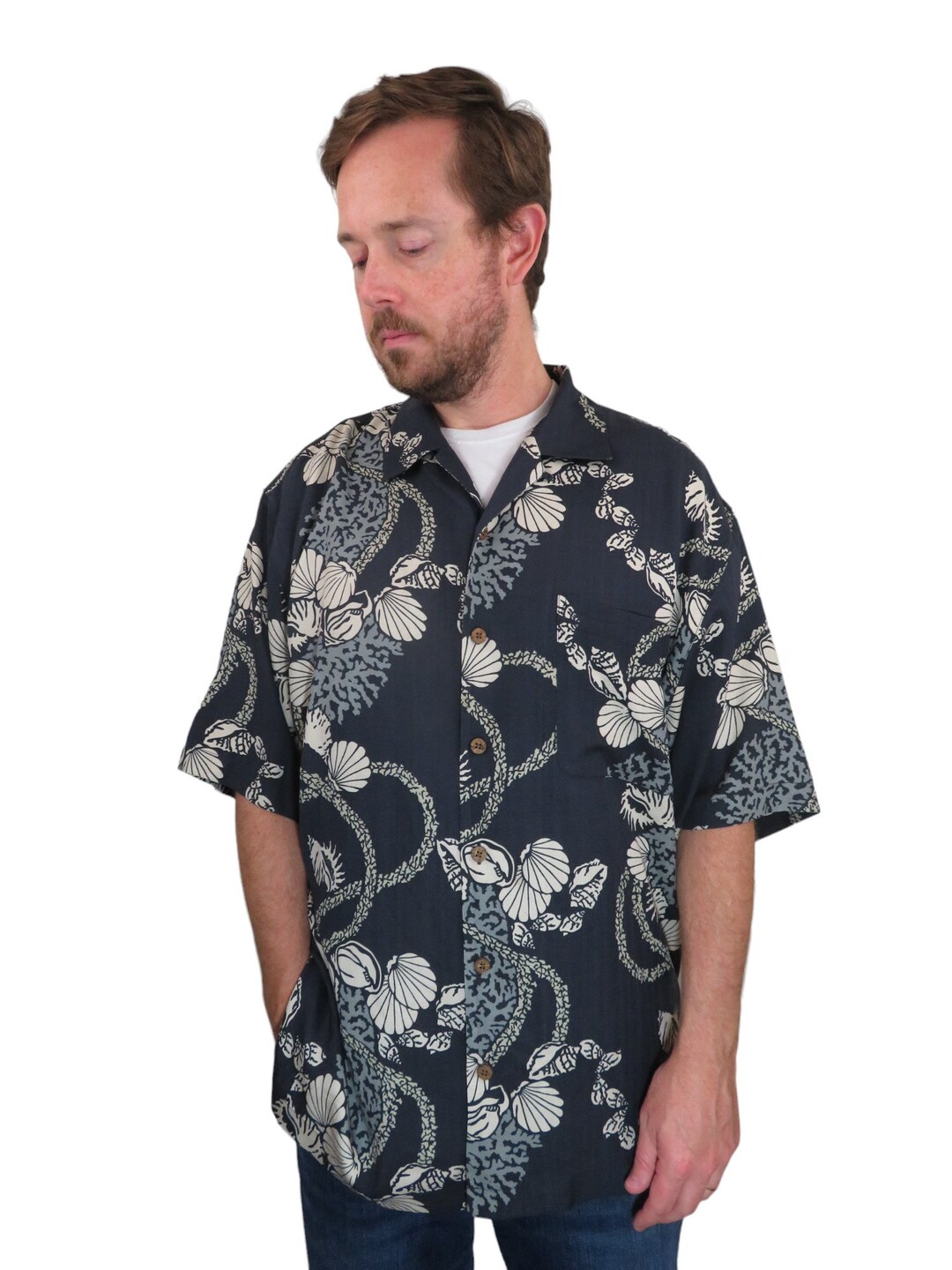 Vintage 90s Y2K Tommy Bahama Puka Shell Sea Floral 100% Silk Hawaiian ...