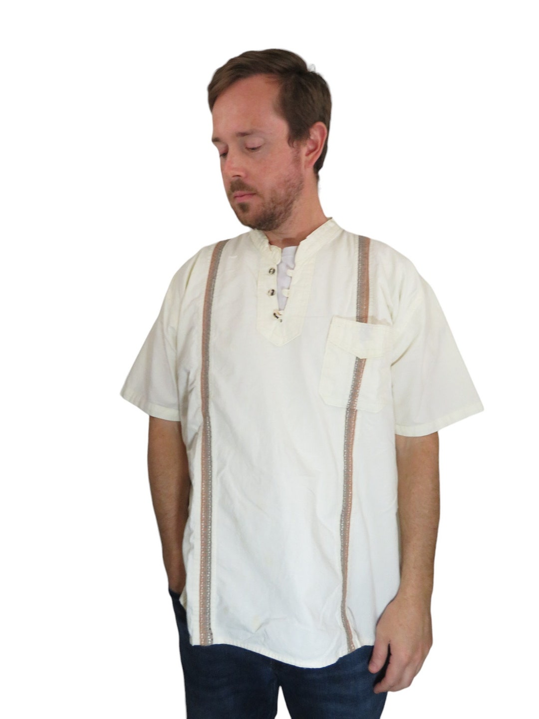 Vintage 80s 90s Mexican Handmade Southwestern Guayabera Cubavera Henley ...