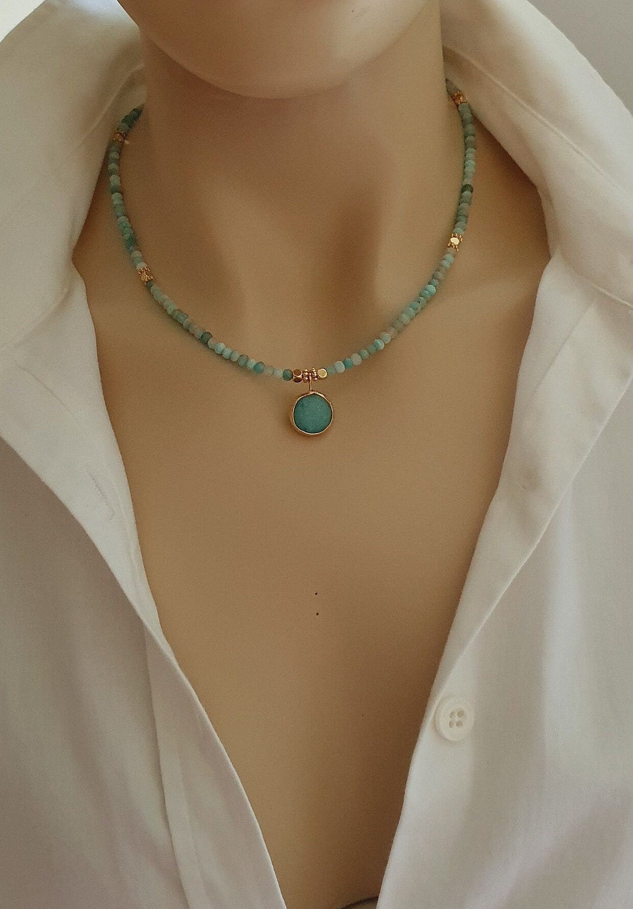 Faceted Amazonite Necklace, 3.5mm Micro Faceted Amazonite Necklace ...