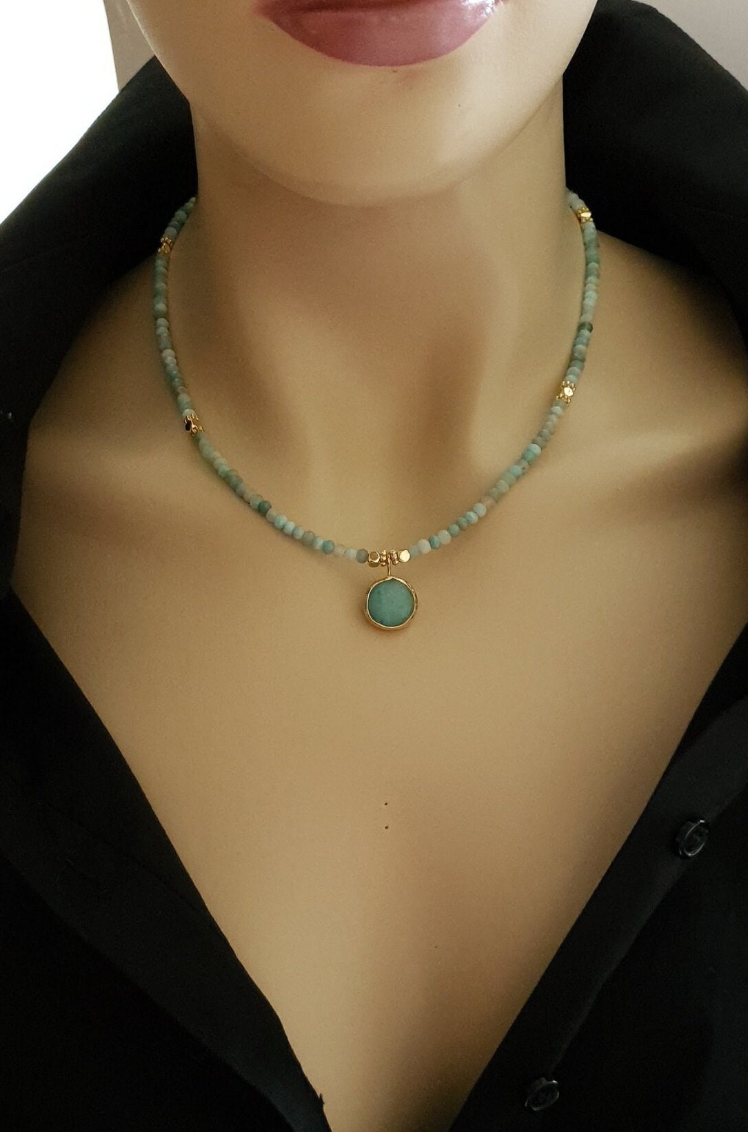 Faceted Amazonite Necklace, 3.5mm Micro Faceted Amazonite Necklace ...