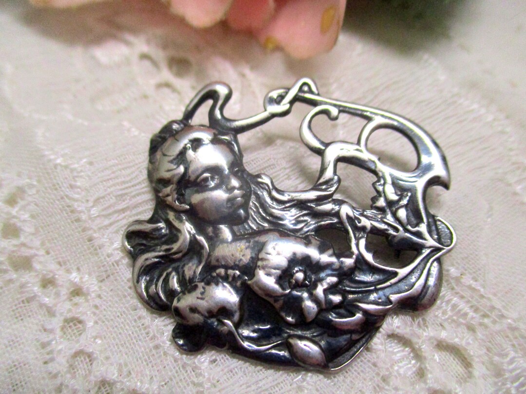 Magical Art Nouveau Brooch Sterling Silver Woman With Flowers Silver ...