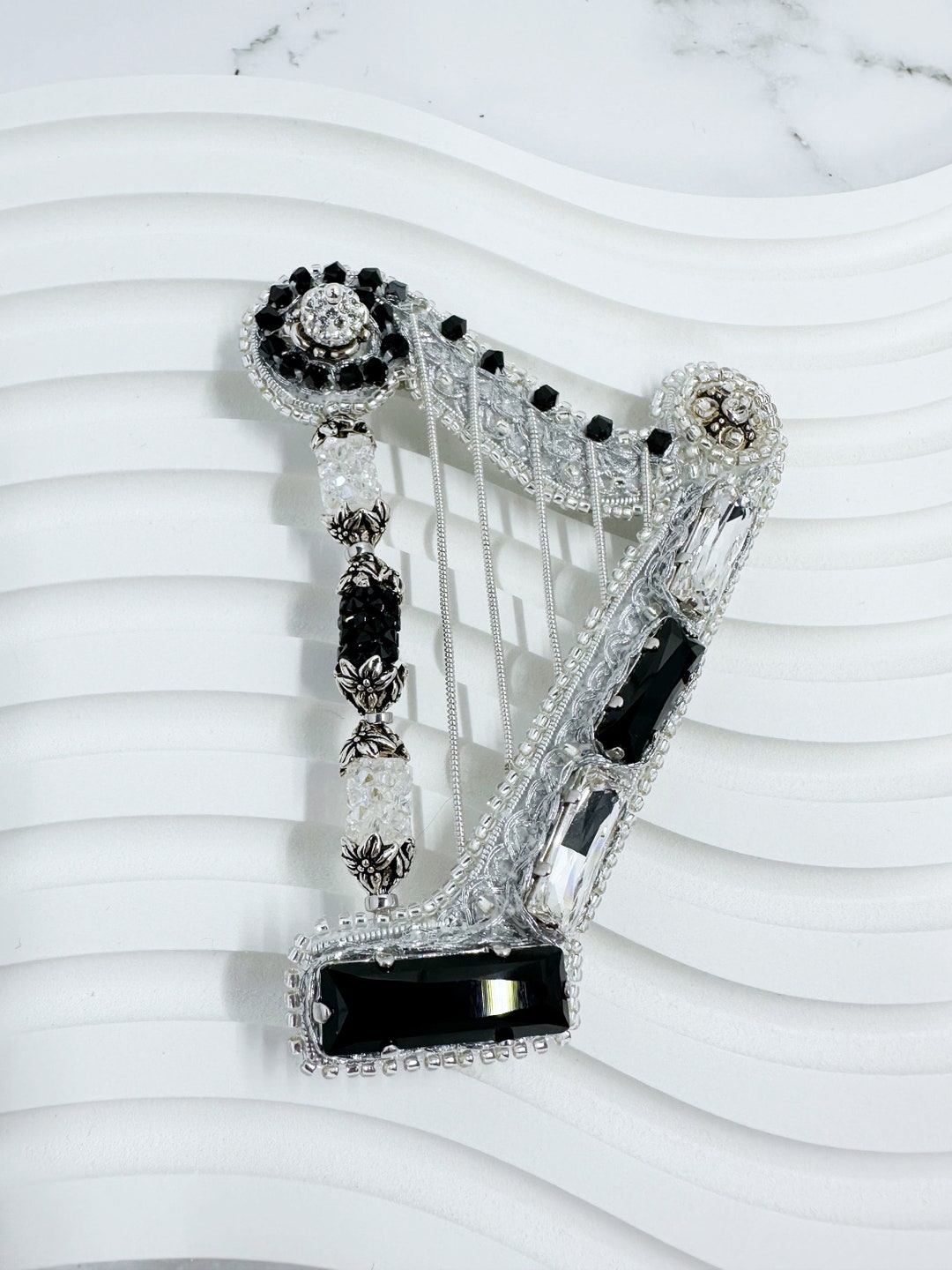Black and White Harp Brooch, Unique Jewelry, Harp Brooch, Gift for ...