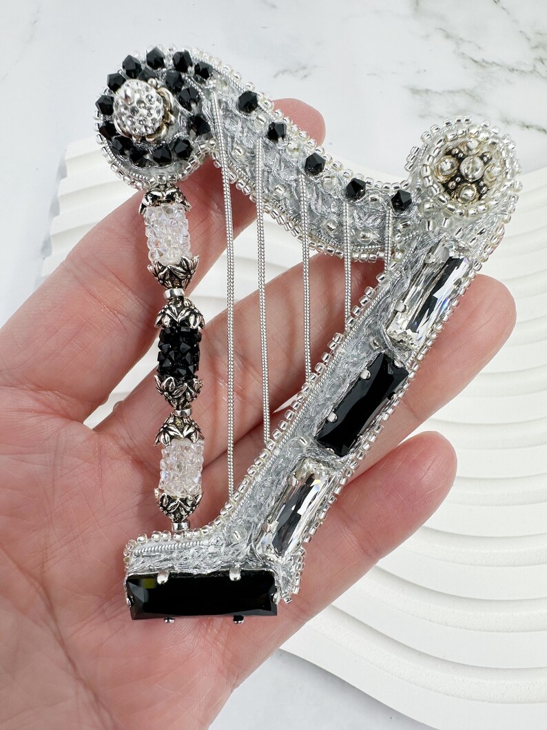 Black and White Harp Brooch, Unique Jewelry, Harp Brooch, Gift for ...