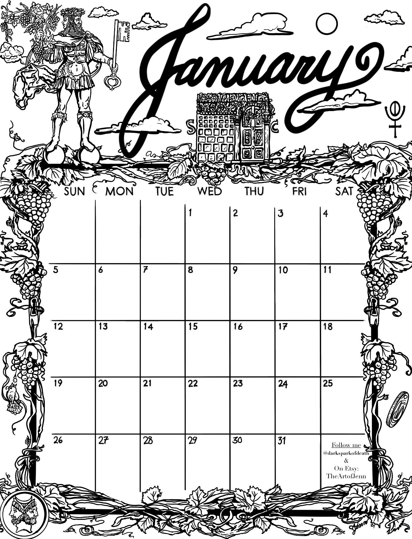 January Calendar Digital Coloring Page- God Janus, Grapevines, Black ...