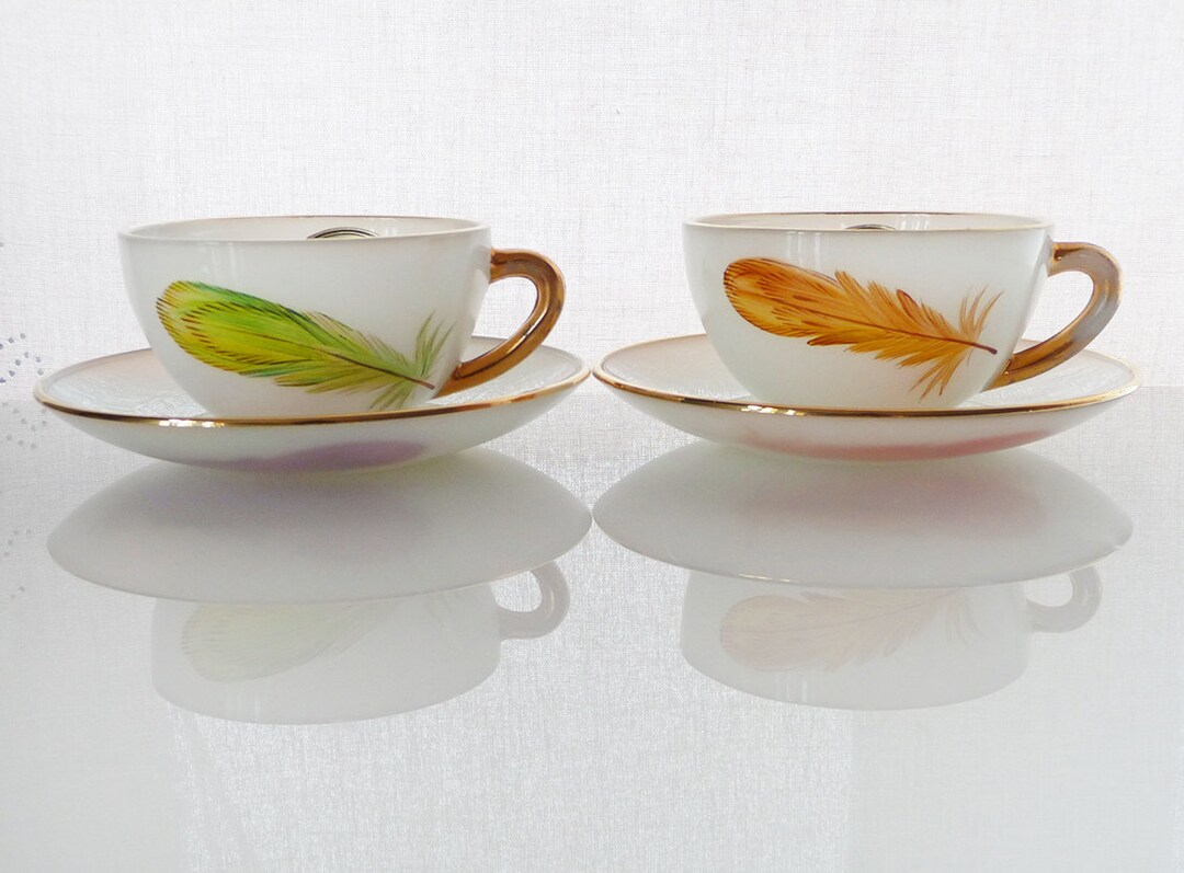 Arcopal BAUD Paris Cups & Saucers: Hand-painted Feather Design - Etsy