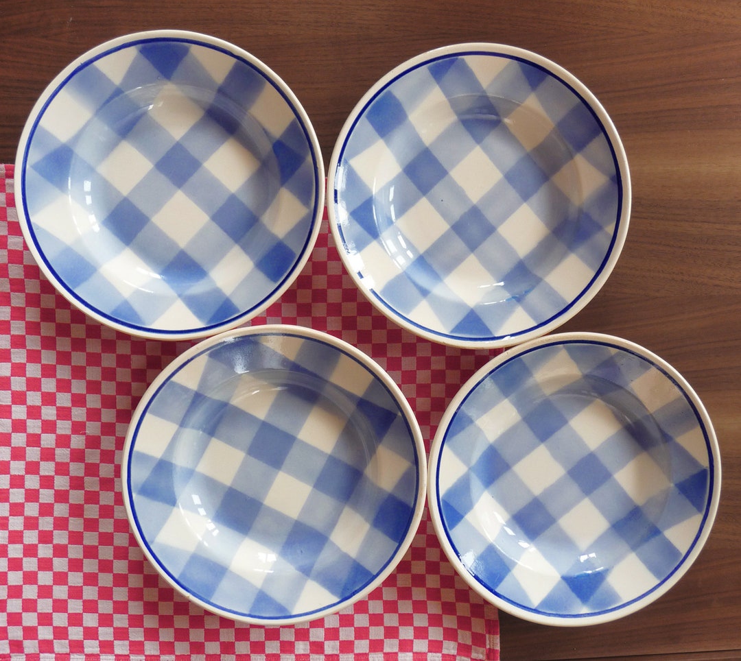 4 Vintage BLUE Check, Gingham, SOUP Plates, Blue Check, Gingham Plates ...