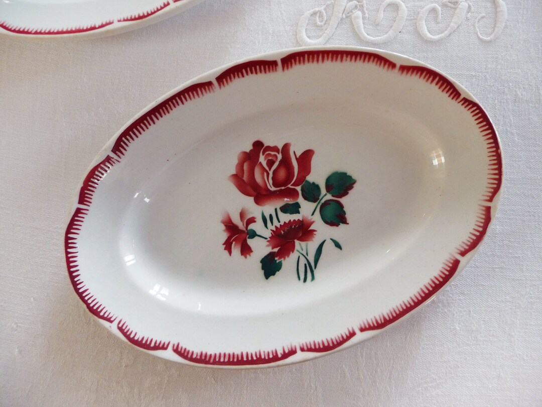 A Beautiful OVAL Serving Dish, Small Badonviller RED Roses Dish, Hand ...