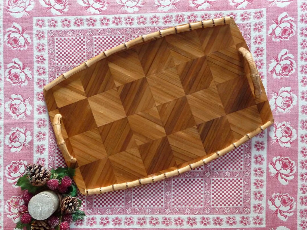 Vintage Tray in Straw Marquetry and Bamboo Details, Checkerboard and ...