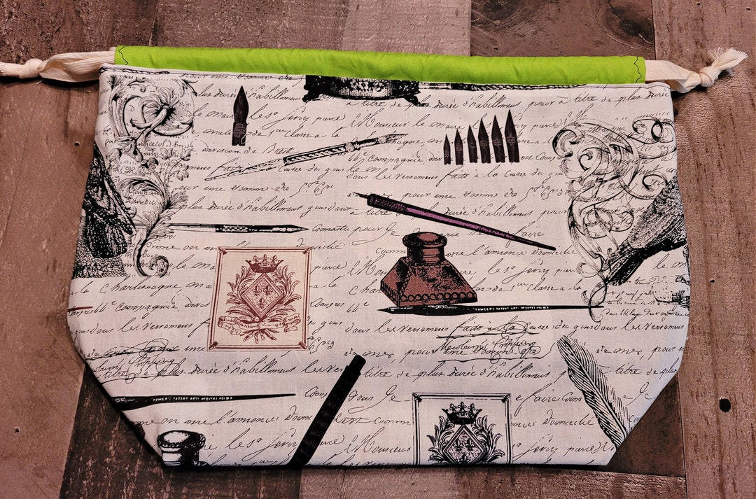 Maker Bag - Crow and Writing Print, Large Fabric Lined Drawstring ...