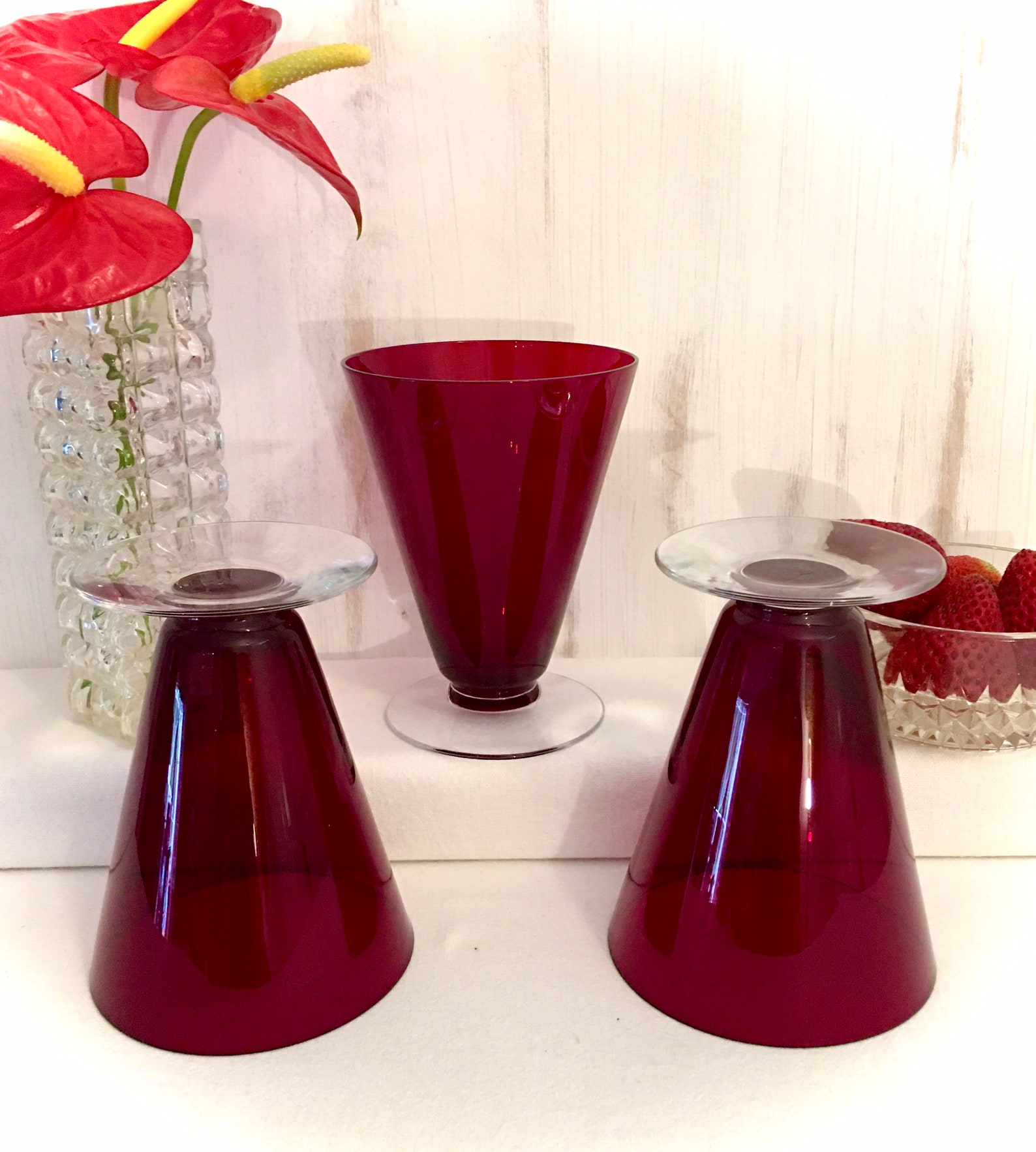 Wine Glasses Ruby Red/ Water Wine Glasses/ Vintage Wine Glasses ...