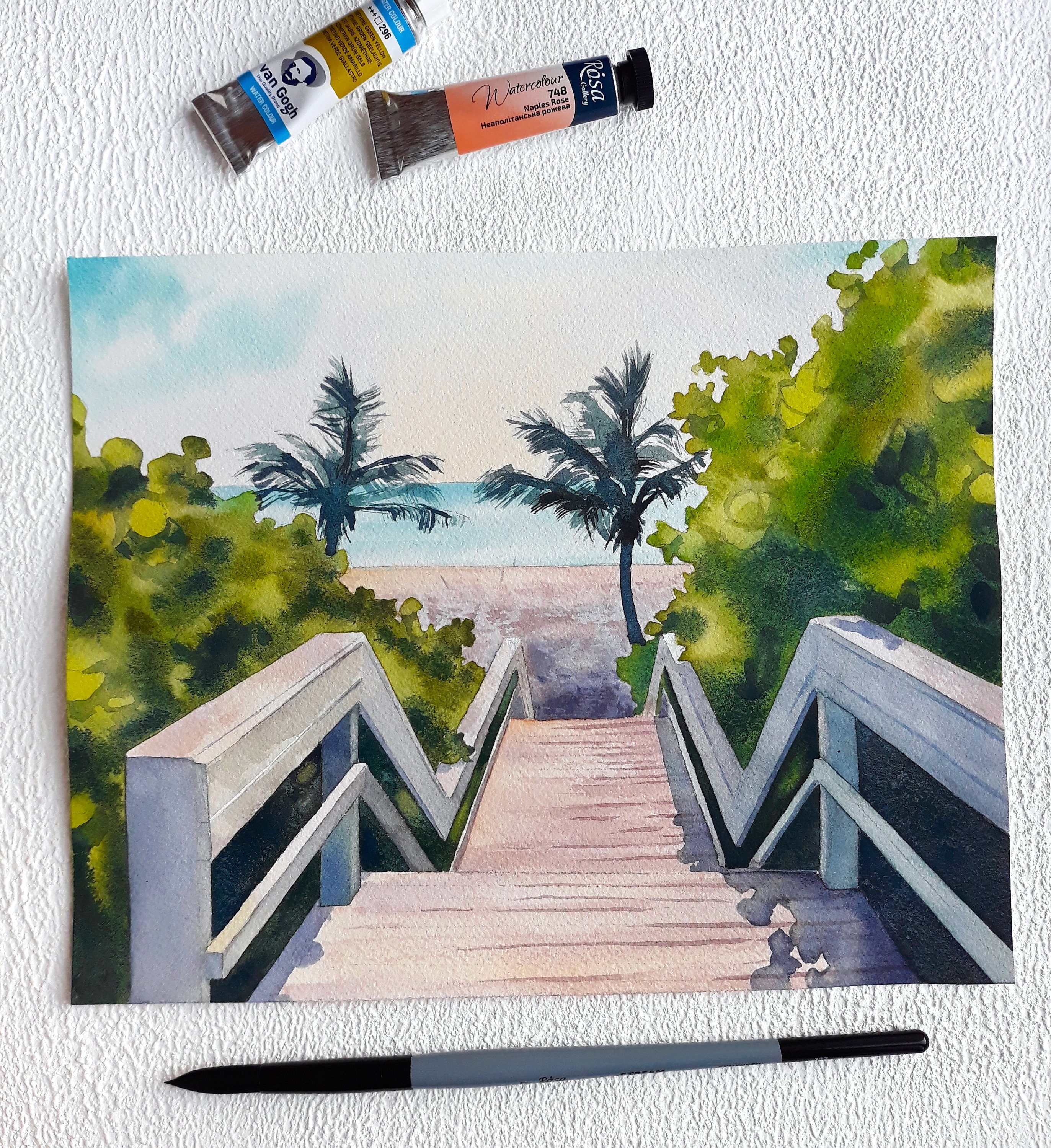 Watercolor Seascape Landscape Painting From Photo Ocean Beach - Etsy