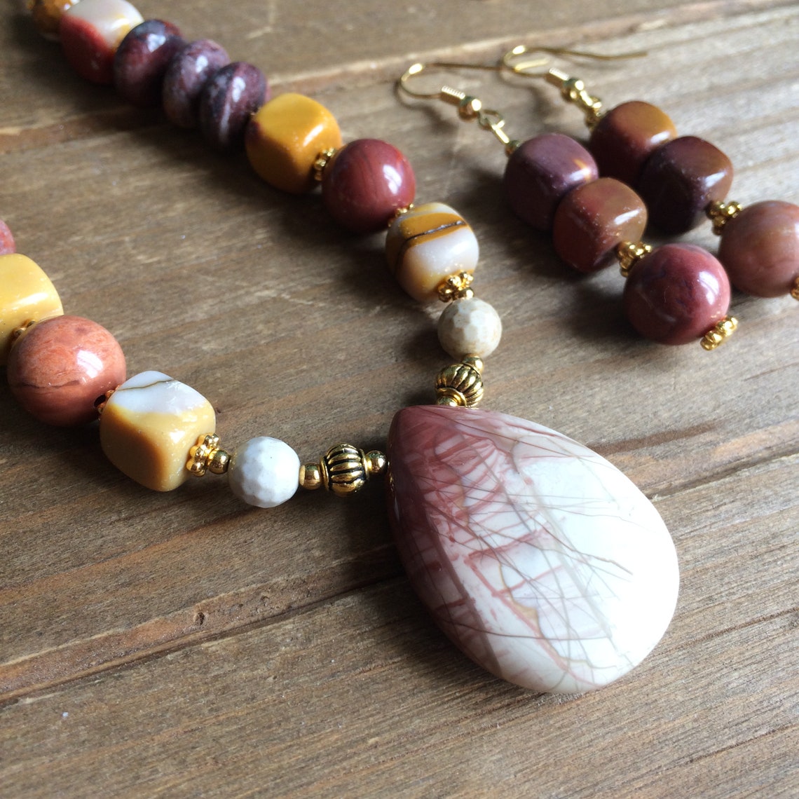 Stone jewelry set necklace earrings set petrified wood set | Etsy