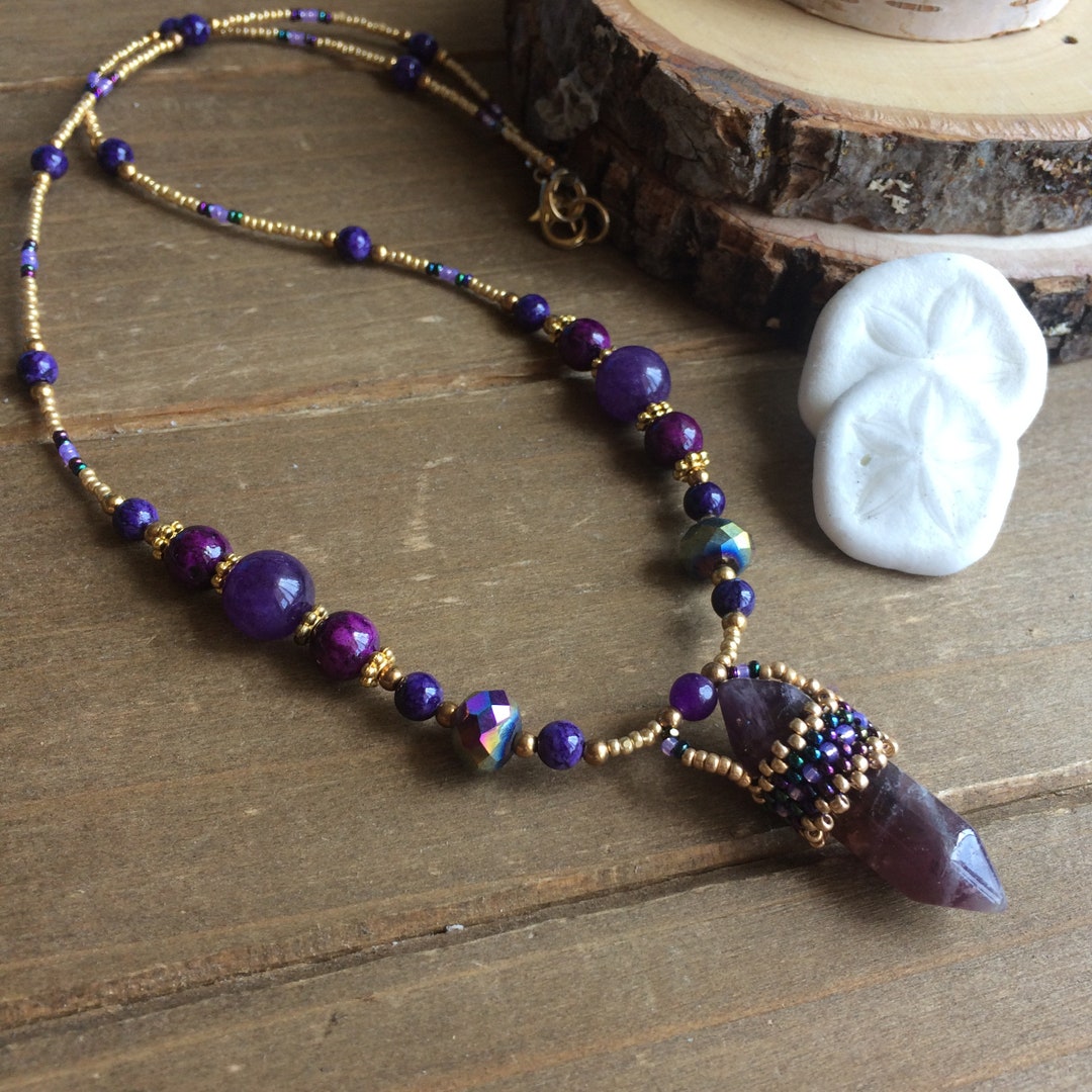 Peyote Beaded Wrap Stone Necklace Amethyst Crystal Gemstone Purple ...