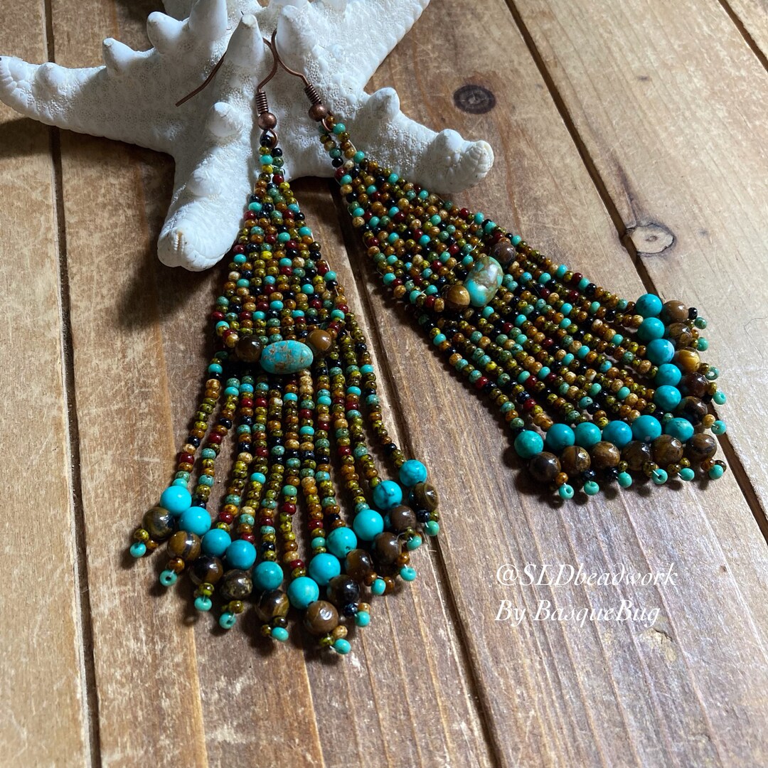 Tribal Earrings Boho Turquoise Brick Stitch Dangle Basque American ...
