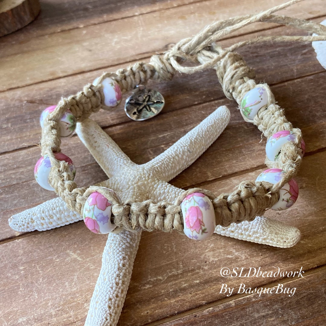 Flower Anklet Hemp Ceramic Clay Beaded Artisan Flower Pink Raspberry ...